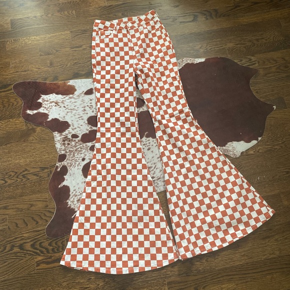 Jeans | Checker Denim Stretchy High Waist Boho Bell Bottom Flare Jeans ...